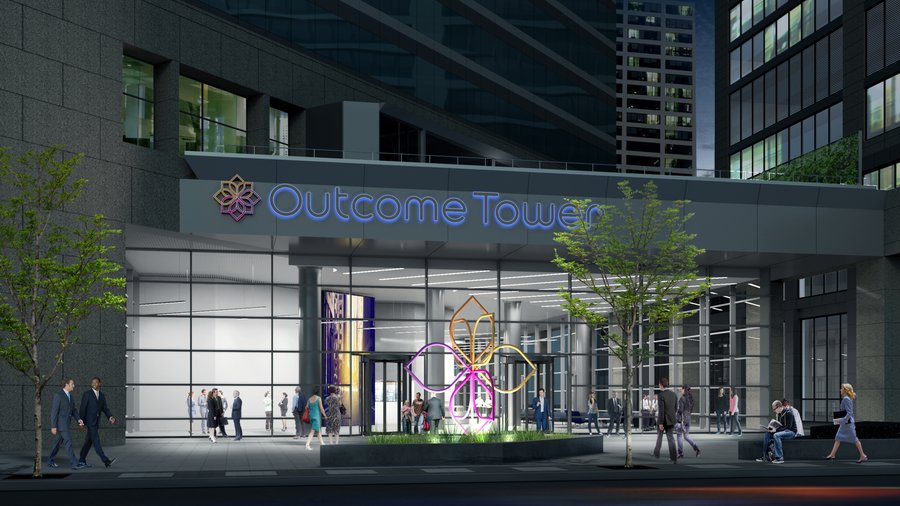 Outcome Health exterior signage night Gensler Rendering