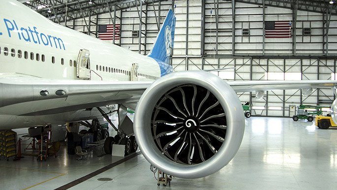GE Aviation GE9x engine on 747 test bed