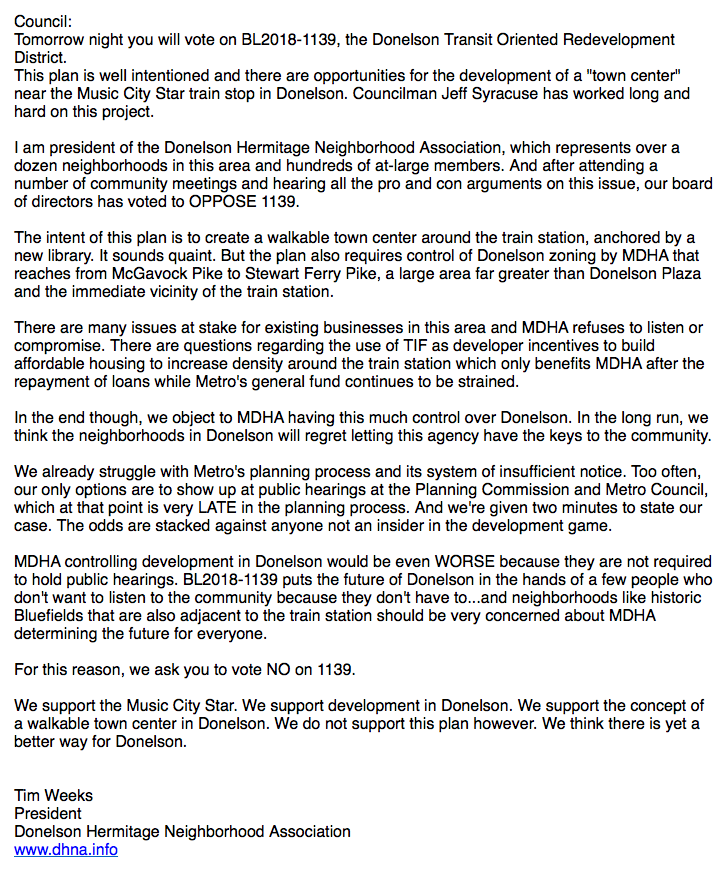 Donelson Hermitage Neighborhood Association announces opposition to ...