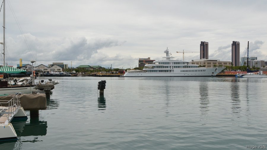 Musashi Larry Ellison yacht distant shot docked in Kewalo