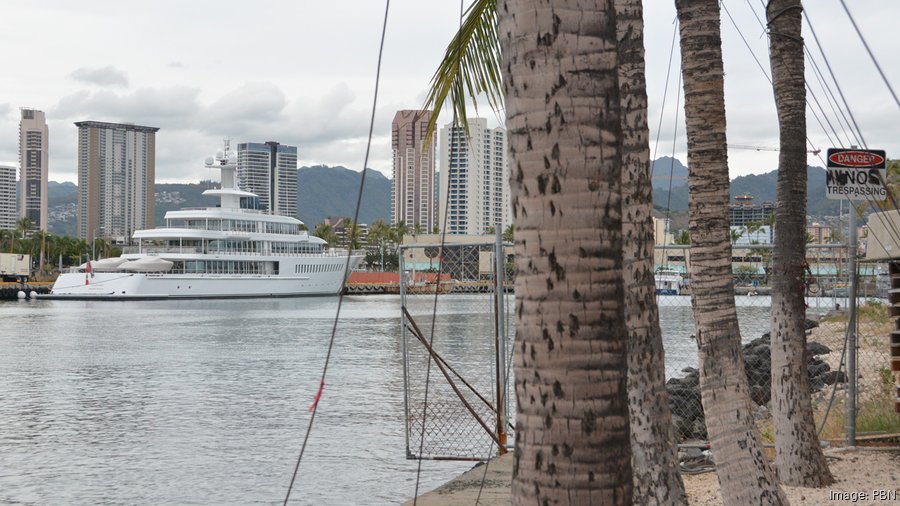 Musashi Larry Ellison yacht trees foreground kewalo basin