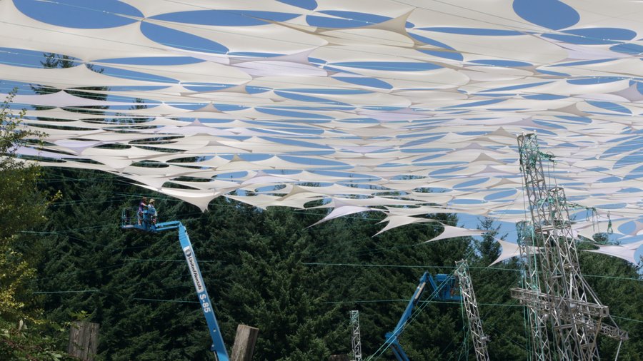 Pickathon 2015 main tent over 1100 liner feet of stage truss, stang up ...