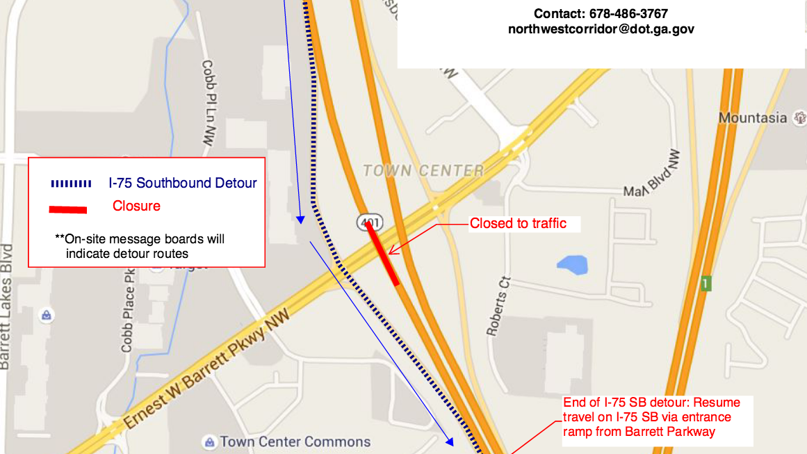 I-75 South at Barrett Parkway to close for construction - Atlanta ...